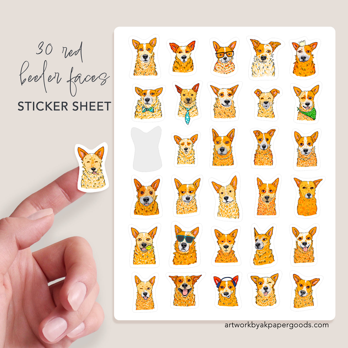 Red Heeler Planner Stickers | 30 Fun & Unique Dog Faces – Artwork by AK